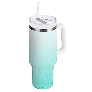 Caikeny Insulated Tumblers with Lid and Straw Blue Turquoise Teal Glitter 40 oz Reusable Stainless Steel Cup Water Bottle Coffee Travel Tumbler Mug for Women Men