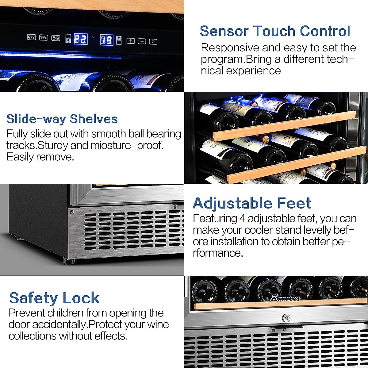 AAOBOSI 24 Inch Dual Zone Wine Cooler 46 Bottle with Upgraded Compressor Advanced Cooling System Quiet Operate, Freestanding and Built-in Wine Refrigerator