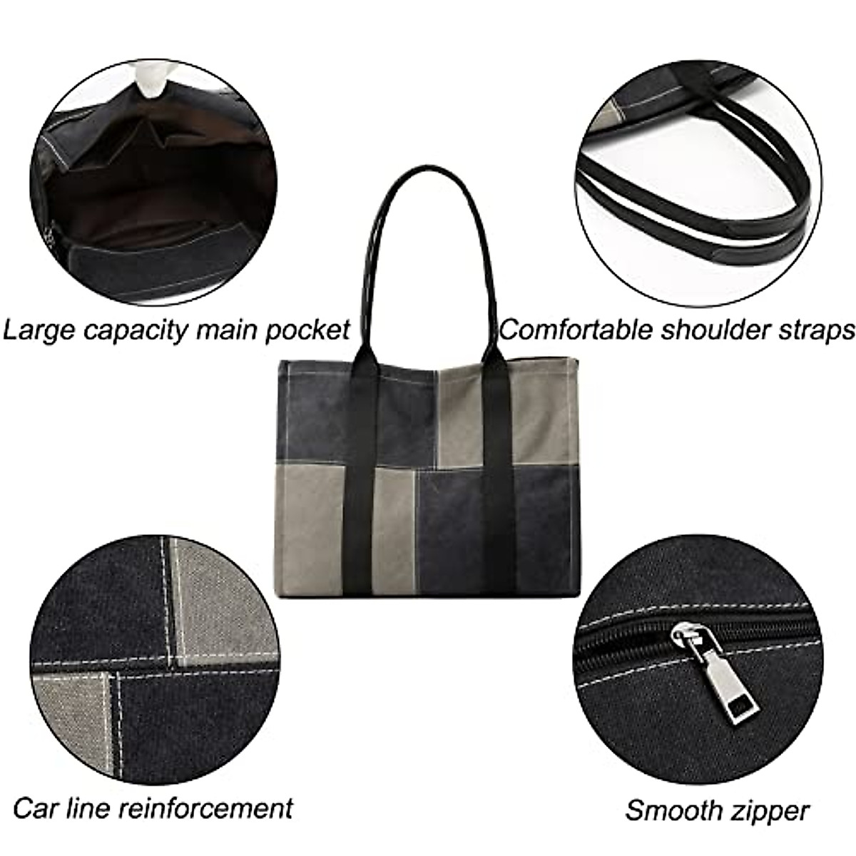 ZHIERNA Canvas Work Tote Bags for Women, Lightweight Shoulder Purse Top Handle Handbag With Zipper for School Travel Beach(Grey)