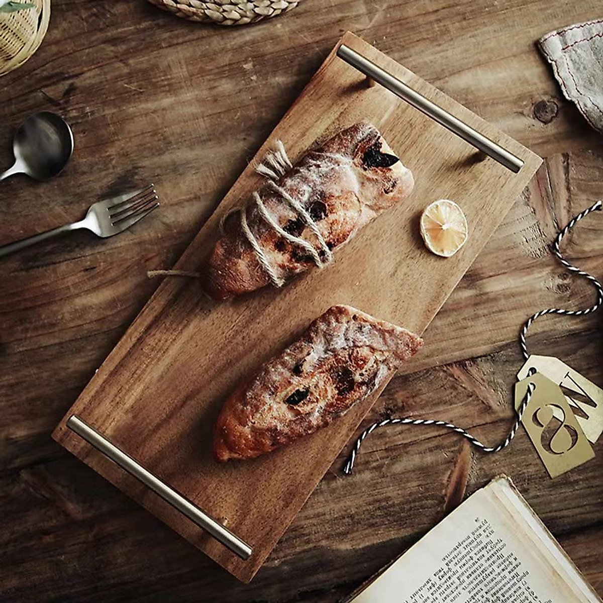 Resafy Acacia Wooden Serving Tray with Stainless Steel Handles, Handmade Decorative Serving Board,Decorative Nesting Food Board Platter for Breakfast,Coffee,Living Room,Bathroom,Kitchen and Outdoors