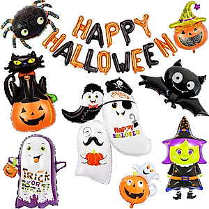 9PCS Large Halloween Foil Balloons Set Happy Halloween Banner Foil Balloons, Pumpkin Witch Bat Ghost Spider Mylar for Halloween Party Decorations Trick or Treat Supplies