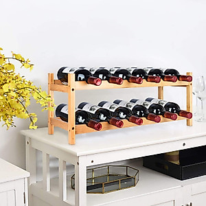 RIIPOO Wine Rack, Countertop Wine Rack, Wine Storage Shelf, 12 Bottles Bamboo Wine Holder, 2 Tier