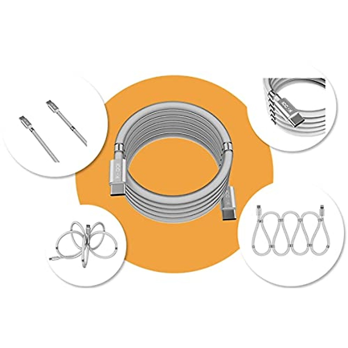 Scalla USB-C Magnetic Charging Cable New Winding Technology Very Organized 3ft Long Fashionable 3A Fast Charging Data Transfer Cord (USB C-USB C), white