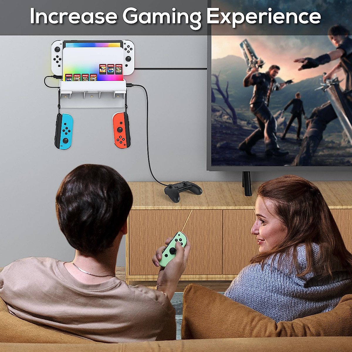Switch Wall Mount for Nintendo Switch and Switch OLED,Games Console Wall Shelf with Light,Station Stand Holder for Charging Dock,7 Game Card Slots,4 Controller Accessories Kit Storage for Joy Con