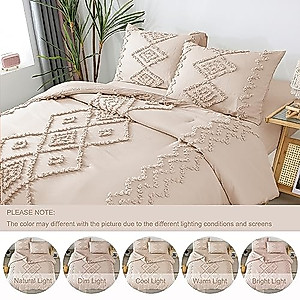 PERFEMET Beige Cream Comforter Set for King Size Bed - 3 Pieces Tufted Boho Farmhouse Bedding Set, Geometric Fluffy Rustic Bed Set for Bedroom