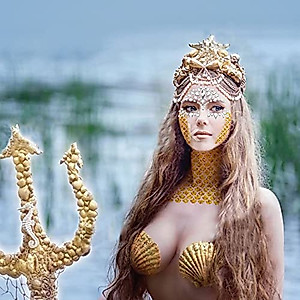 Mermaid Makeup Kit Mermaid Face Paint Scale Stencil and Gems Stickers with12 Bottles Holographic Glitter Mermaid Costume Tattoo Accessories for Women Festival Rave Carnival Party (7pcs Mermaid scale)