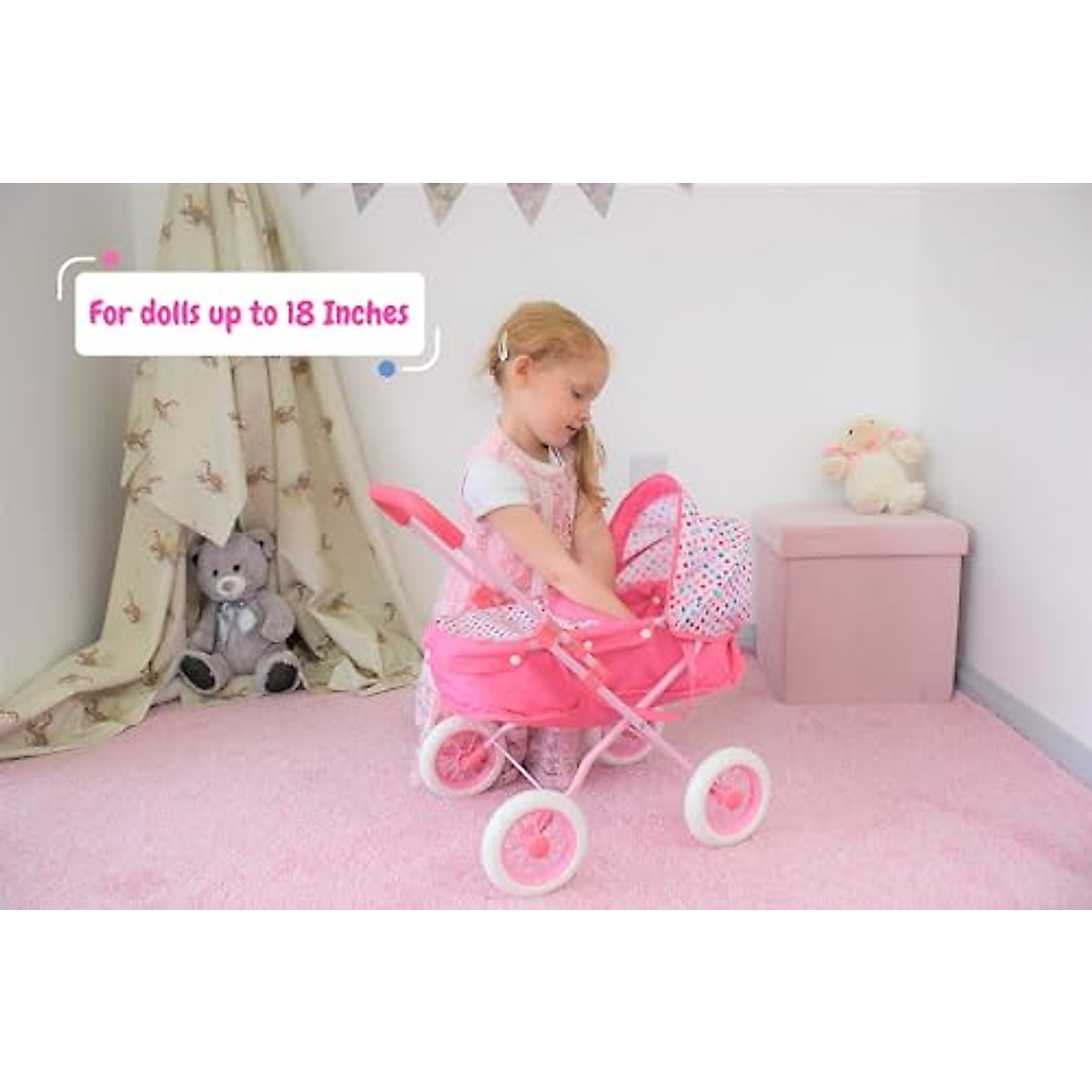 KOOKAMUNGA KIDS Baby Doll Stroller - Realistic 2 in 1 Baby Stroller for Dolls w/Detachable Bassinet – Toy Pram w/Carry Cot, Retractable Canopy & Soft Grip Handle - for Dolls up to 18" - Pink