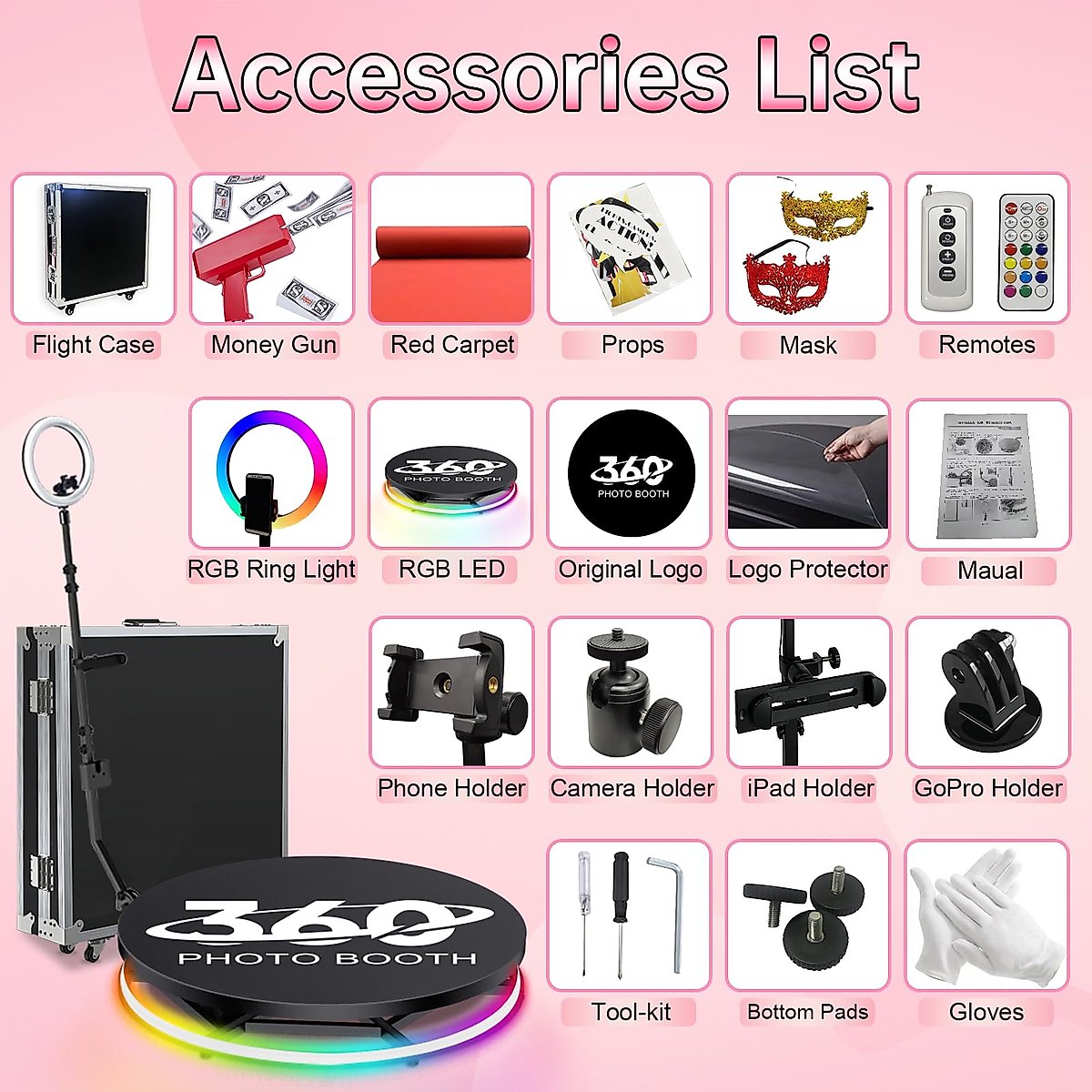 Dowshata 360 Photo Booth Machine 26.8'' with Flight Case, 68cm 360 Degree Automatic Spin Camera Video Booth, Free Custom Logo, 1-2 People Stand on Remote Control Rotating