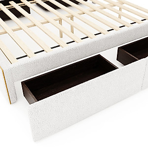 Queen Size Bed Frame with 4 Storage Drawers, Modern Upholstered Platform Bed with White Edge On The Headboard & Footboard, Wood Slat Support, No Box Spring Needed (White-Queen)