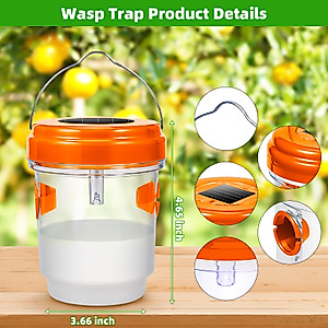 2024 Upgrade Wasp Traps Outdoor Hanging,Solar Powered LED Bee Traps for Outside Wasp Deterrent Killer Carpenter Bee Catchers for Outside,Flying Insect Trap Reusable Yellow Jacket Hornet Catcher,4 Pack