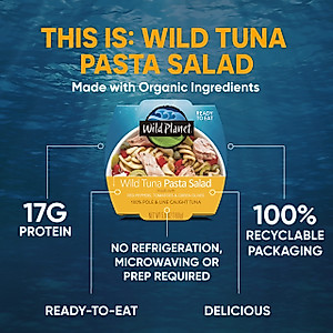 Wild Planet Ready-To-Eat Wild Tuna Pasta Salad With Organic Red Peppers, Tomatoes & Green Olives, Tuna Salad, 5.6oz, Pack Of 4