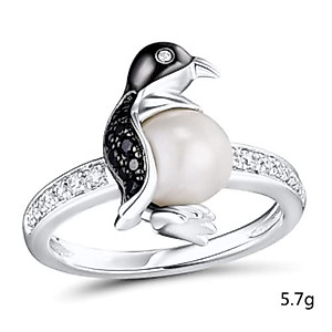 HUKQBUNX 925 Sterling Silver lovely exquisite Penguin diamond full diamond women's shiny natural freshwater pearl ring wedding engagement diamond ring size 6-10 (Size 10)