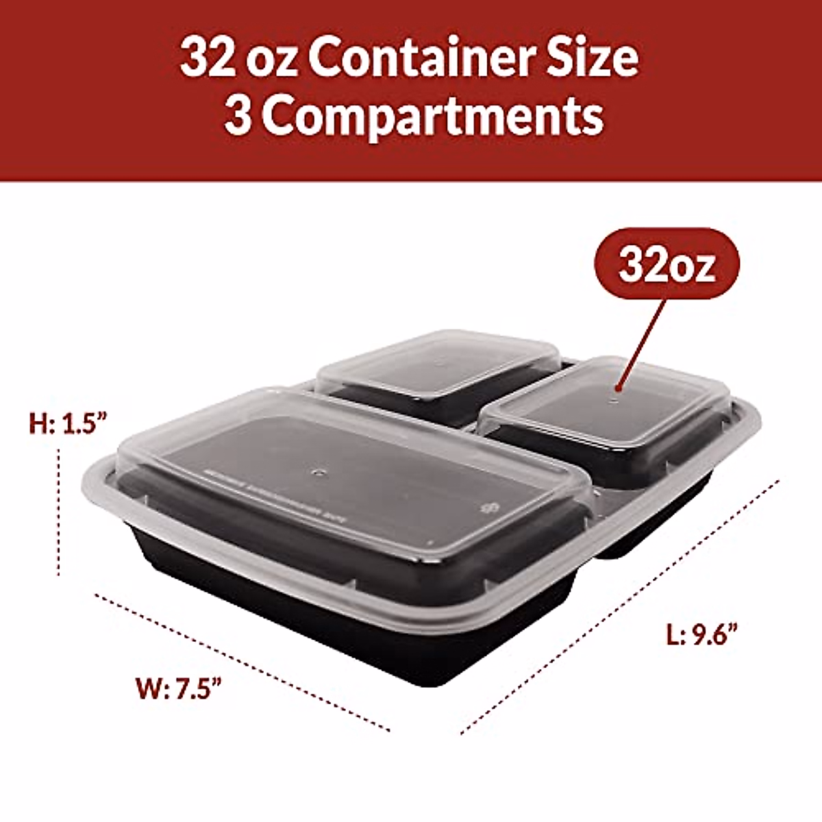 Reli. Meal Prep Containers, 32 oz. | 40 Pack | 3 Compartment Food Container w/Lids| Microwavable Food Storage Containers/To Go | Black Reusable Bento Box/Lunch Box Containers for Food/Meal Prep