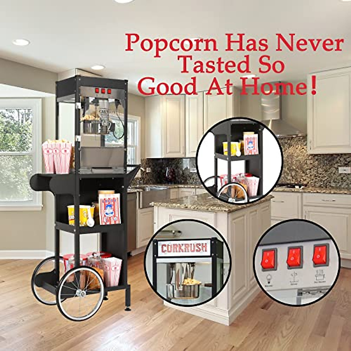 8 Ounce Popcorn Machine Movie Theater Style with Cart Old Fashioned Popcorn Maker Machine for Home Commercial Halloween Christmas Gift, Black