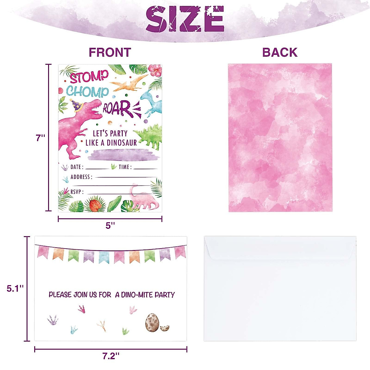 WERNNSAI 20 Sets Watercolor Dinosaur Party Invitation with Envelopes - Fill-in Invitations Cards for Girls Dinosaur Birthday Party Supplies Baby Shower Invites Double-Sided Printed T-Rex Cards