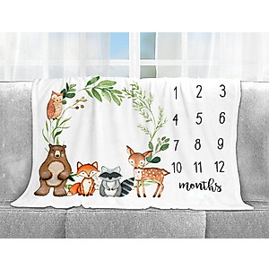 Yuzioey Baby Monthly Milestone Blanket Woodland, Forest Animals Baby Photo Blanket, Gift for New Moms Baby Shower, Watch Me Grow Baby Boy Greenery Woodland Nursery Décor, Includes Marker (50"x40")