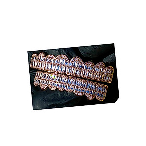 14k Rose Gold Baguette Joker Pink Grillz for Mouth Top Bottom Hip Hop Teeth Grills for Teeth Mouth Grillz for Mouth Top Bottom Hip Hop 8 Teeth Prong Set Cz Diamonds Grills for Tooth