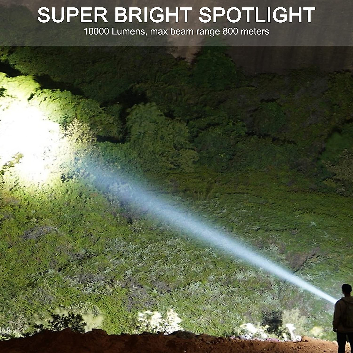 Rechargeable Spotlight, 10000 Lumens Led Spot Lights, Super Bright Handheld Flashlight with 10000mAh Power Bank&Warning Lamp, IP65 Waterproof Outdoor Searchlight Camping Hunting