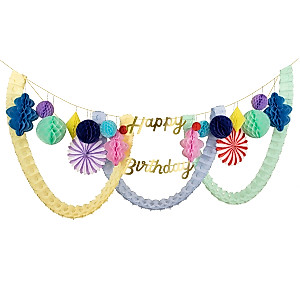 Meri Meri Honeycomb Happy Birthday Banner (Pack of 1), 2 Strands, 9' Birthday Party Garland (13' Including Excess Cord), Meri Meri Party Garland