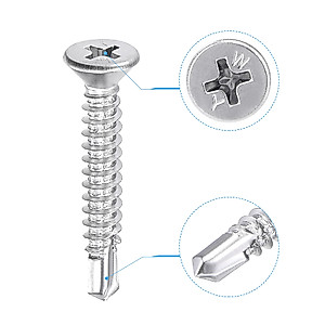 uxcell Phillips Head Self Drilling Screws, 10 x 1 1/16" 410 Stainless Steel Full Thread Sheet Metal Screw 50pcs