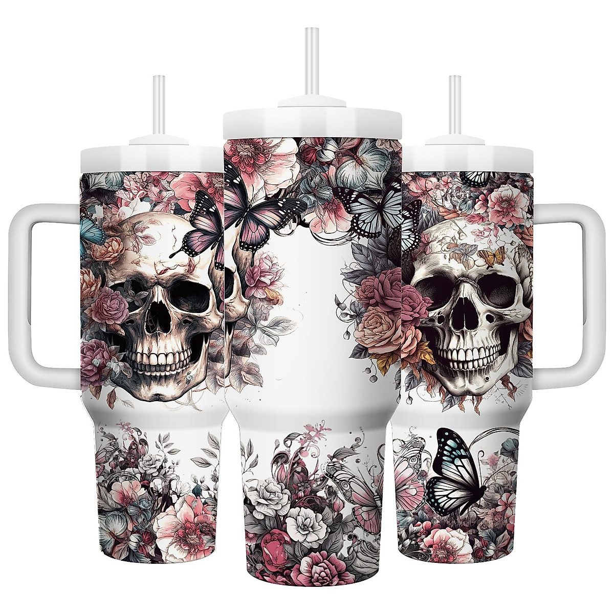 Equoza Horror Gifts Idea for Men - 40oz Gothic Skulls Stainless Steel Travel Mug Tumbler with Handle, Double Wall Vacuun Insulated Cup with Lid and Straw