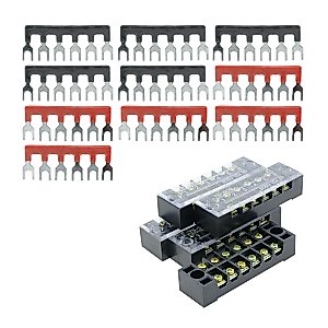 YXQ 600V 15A 6 Positions Double Row Screw Terminal Barrier Strip Block and 15A 6 Positions (5+5) Red Black Pre-Insulated Fork Type Jumper Strip