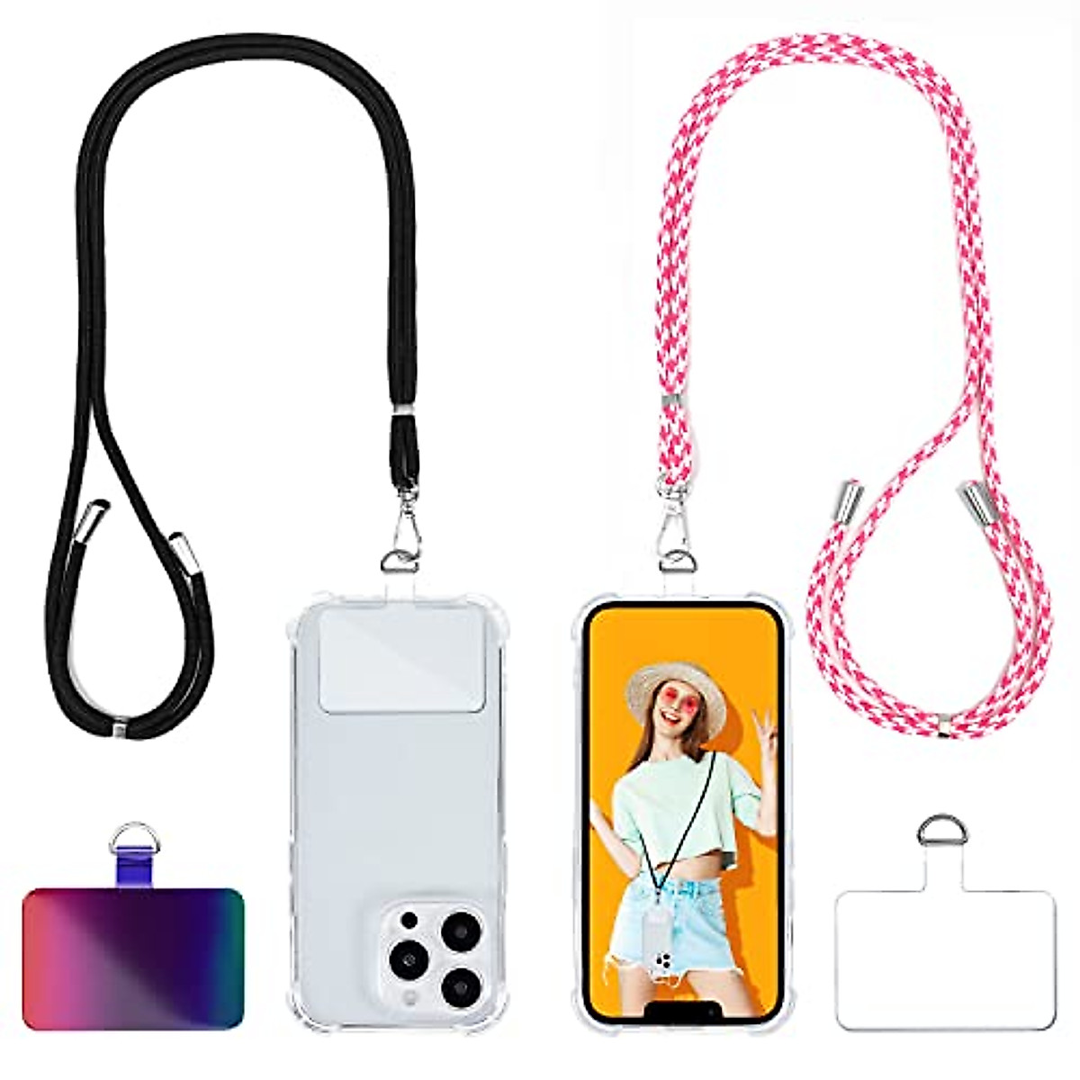 Cell Phone Lanyard for Around The Neck, Universal 2 Pcs Phone Crossbody Lanyard + 2 Pcs Patch, Multifuctional Adjustable Nylon Neck Strap for Women Compatible with Most Smartphones (PinkWhite&Black)