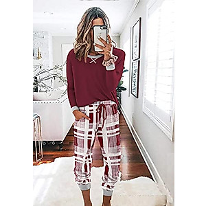 Ekouaer Women's Long Sleeve Pj Soft Crew Neck Pajama Long Sleeve Sweatshirt with Long Pants Red Plaid,Small