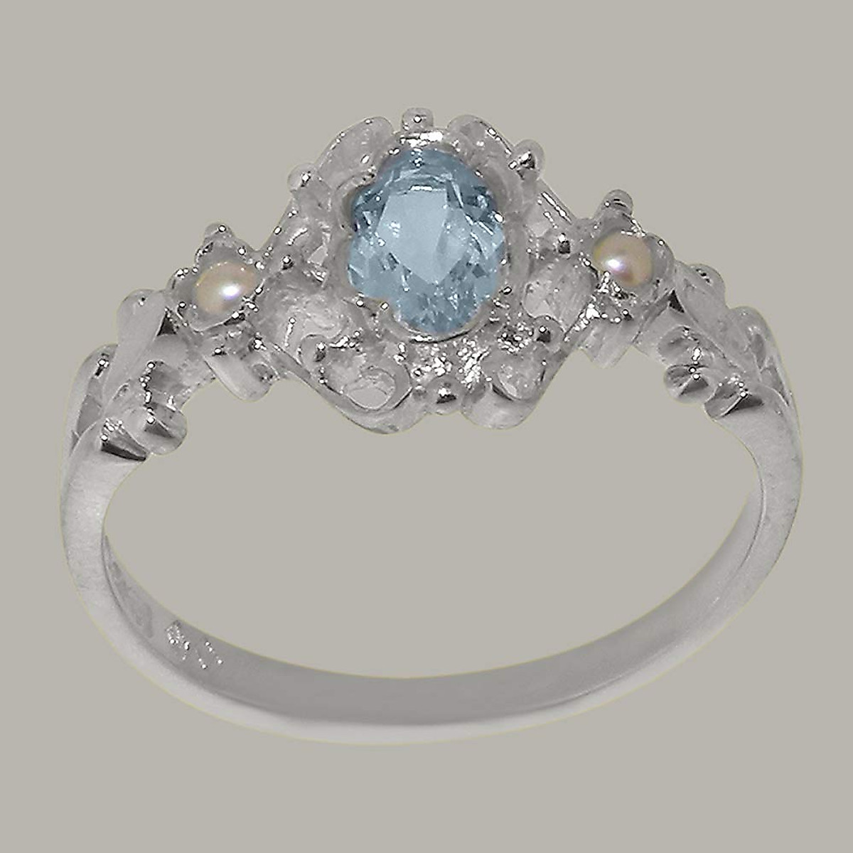 925 Sterling Silver Natural Aquamarine & Cultured Pearl Womens Statement Ring - Size 9.25
