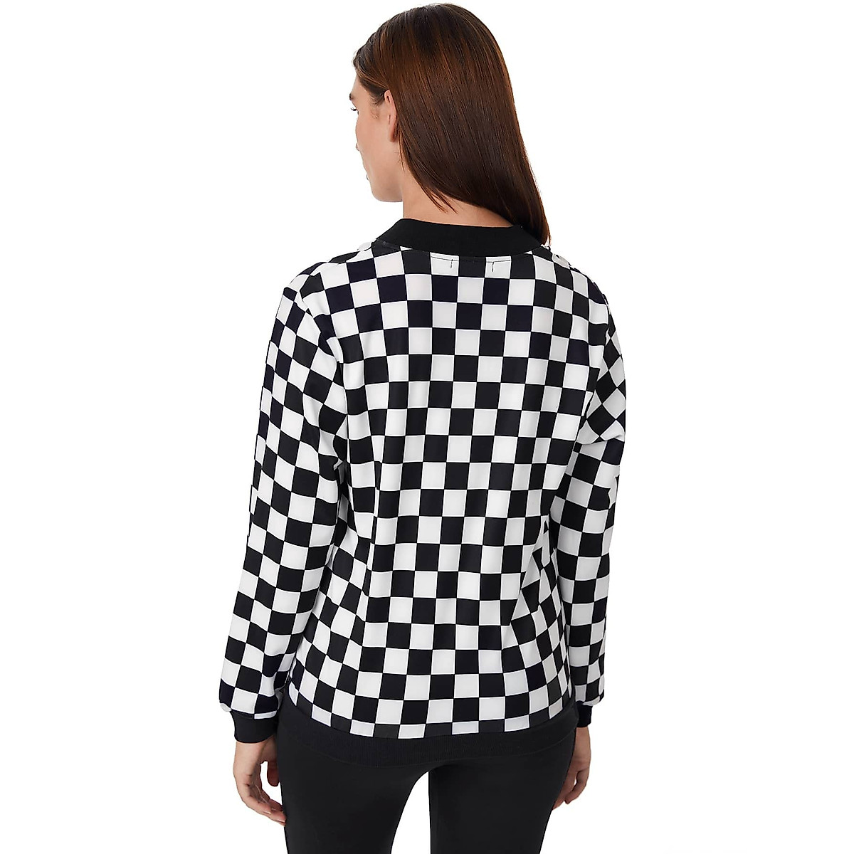 WDIRARA Women's Zip Front Plaid Print Long Sleeve Stand Collar Casual Jacket Black and White S