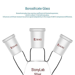 StonyLab Glass 50ml Heavy Wall 3 Neck Round Bottom Flask RBF, with 24/40 Center and Side Standard Taper Outer Joint – 50ml
