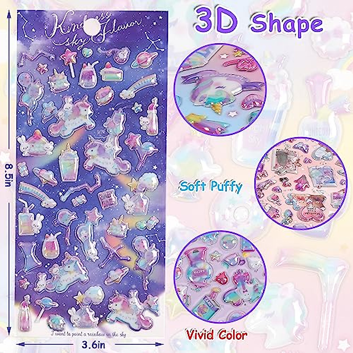 3D Puffy Unicorn Stickers for Girls Kids | Cute Sparkle Rainbow Stars Moons Clouds Candy Stickers for Phone Cases, Laptops, Party Favors | 4 Sheets.