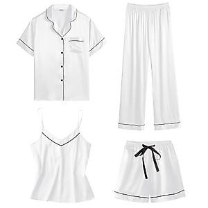 SWOMOG Womens 4pcs Pajamas Sets Short Sleeve Camisole with Button Down Shirt Pjs Silk Satin Sleepwear Loungewear White Medium