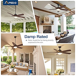Amico Ceiling Fans with Lights, 52 inch Indoor/Outdoor Ceiling Fan with Remote Control, Reversible DC Motor, 5 Blades, 3CCT, Dimmable, Damp Rated Wooden Ceiling Fan for Bedroom, Patio, Porch