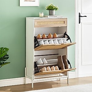 GAOMON Rattan Shoe Storage Cabinet with 2 Flip Door and 1 Drawer, Freestanding Shoe Organizer Rack for Entryway, Hidden Shoe Cabinet with 3-Tier Adjustable Shelves for Hallway Living Room (White)