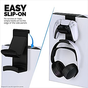 BRAINWAVZ PS5 Game Controller & Headphone Hanger Console Mount for PlayStation PS5 DualSense Gamepad, Hook-On Hanger Bracket (Black)