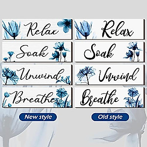 Maitys 4 Pieces Bathroom Wall Art Decor Relax Soak Unwind Breathe Elegant Tulip Rustic Farmhouse Bathroom Wood Hanging Sign Bathroom Wooden Wall Plaque for Home (Blue)