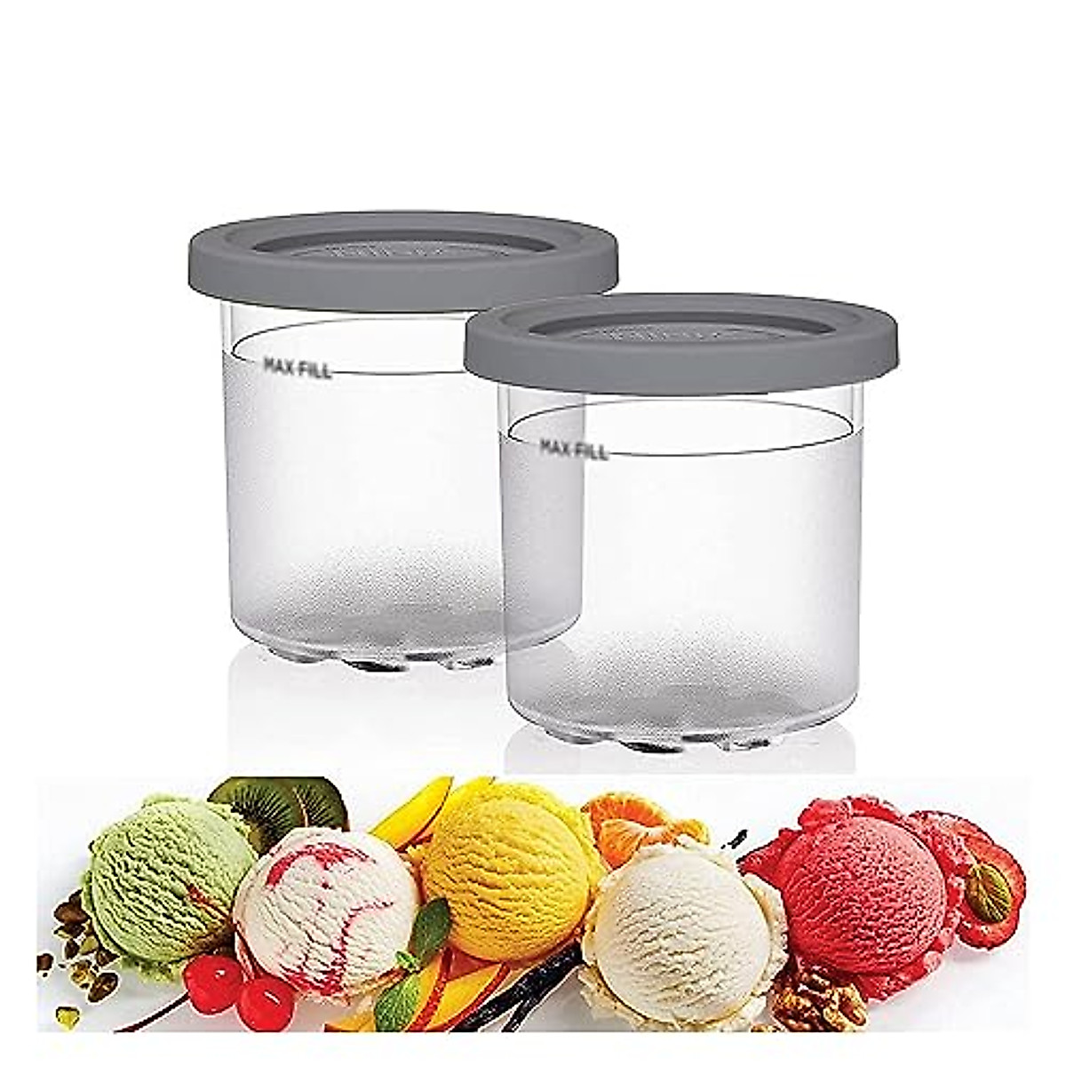 EVANEM 2/4/6PCS Creami Deluxe Pints, for Ninja Creami Pints Lids,16 OZ Ice Cream Pints with Lids Reusable,Leaf-Proof for NC301 NC300 NC299AM Series Ice Cream Maker,Gray-2PCS
