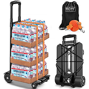 ROYI Folding Hand Truck,290lbs Heavy Duty Luggage Cart with Elastic Bungee Rope,4 Wheels Solid Construction Fold Up Dolly Compact Lightweight Utility Cart for Luggage Travel Shopping Moving Office Use