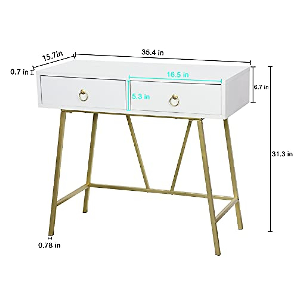 Anmytek Modern Home Office Desk, 35.4 Inch Makeup Vanity Table White Study Desk 2 Drawers Writing Desk Computer Desk with Golden Legs, D0002