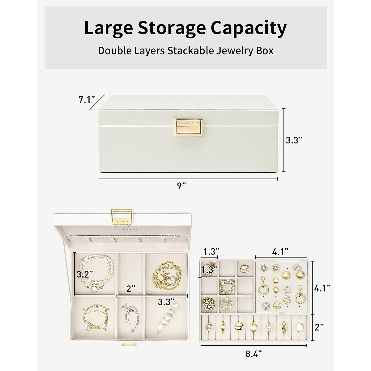 Vlando 2 Layer Jewelry Box Large Jewelry Organizer for Women Removable Jewelery Tray for Necklace Earrings Rings Bracelets Jewelry Boxes for Christmas Gifts Wedding Gifts (Cream White)