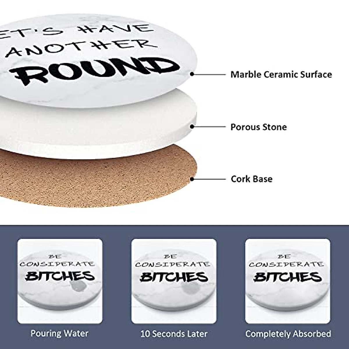 AODAYS Coasters for Drinks with Holder, White Marble-Style Absorbent Round Ceramic Drink Coaster, Bar Coaster with 6 Sayings, Set of 6 with Cork Base (Funny)