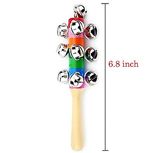 ZEAVOLA 6Pcs Wooden Jingle Hand Bells,Rainbow Handle Wooden Bells Jingle Stick Shaker Rattle Baby Kids Children Musical Toys