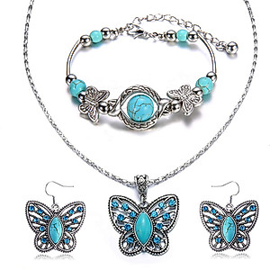 Cocazyw Silver Turquoise Bracelet and Earrings for Women Girl Retro Charm Gemstone Jewelry Set Pendant Necklace and Drop Earrings for Women Girl (style one)
