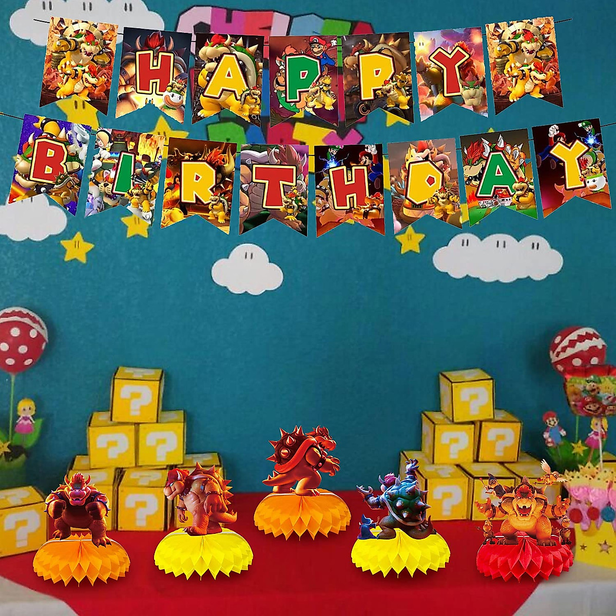 8Pcs Bowser Birthday Party Supplies, Mario Bowser Theme Table Decorations, Honeycomb Centerpieces 3D Double Side for Mario Bowser Fans Boys Girls