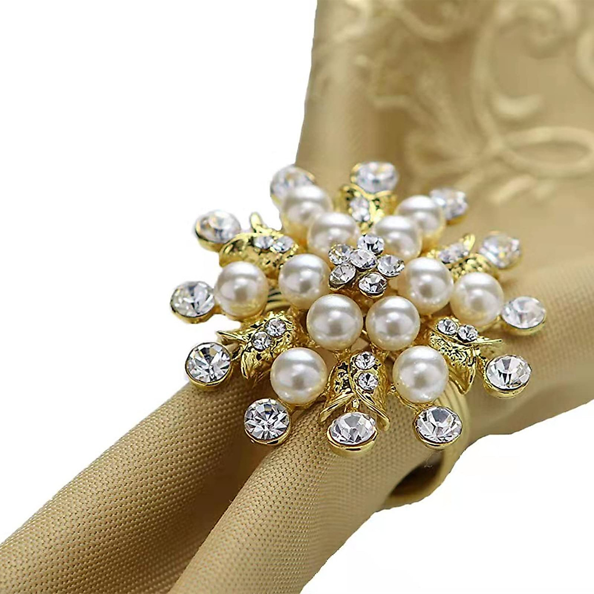 Gold Napkin Rings Set of 12 - Golden Rhinestone Pearl Napkin Ring Holders for Wedding Party, Holiday Casual & Formal Family Dinner Table Decoration