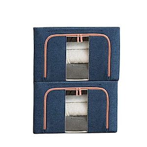 Clothes Storage Organizer with Metal Frame (Set of 2), Extra Large 66L | Foldable Storage Bin Boxes with Clear Window | Stackable, Moisture Proof, Dust Proof | Strong Carry Handles for Clothing, Bedding, Blanket, Closet | Clothes Storage (Blue)