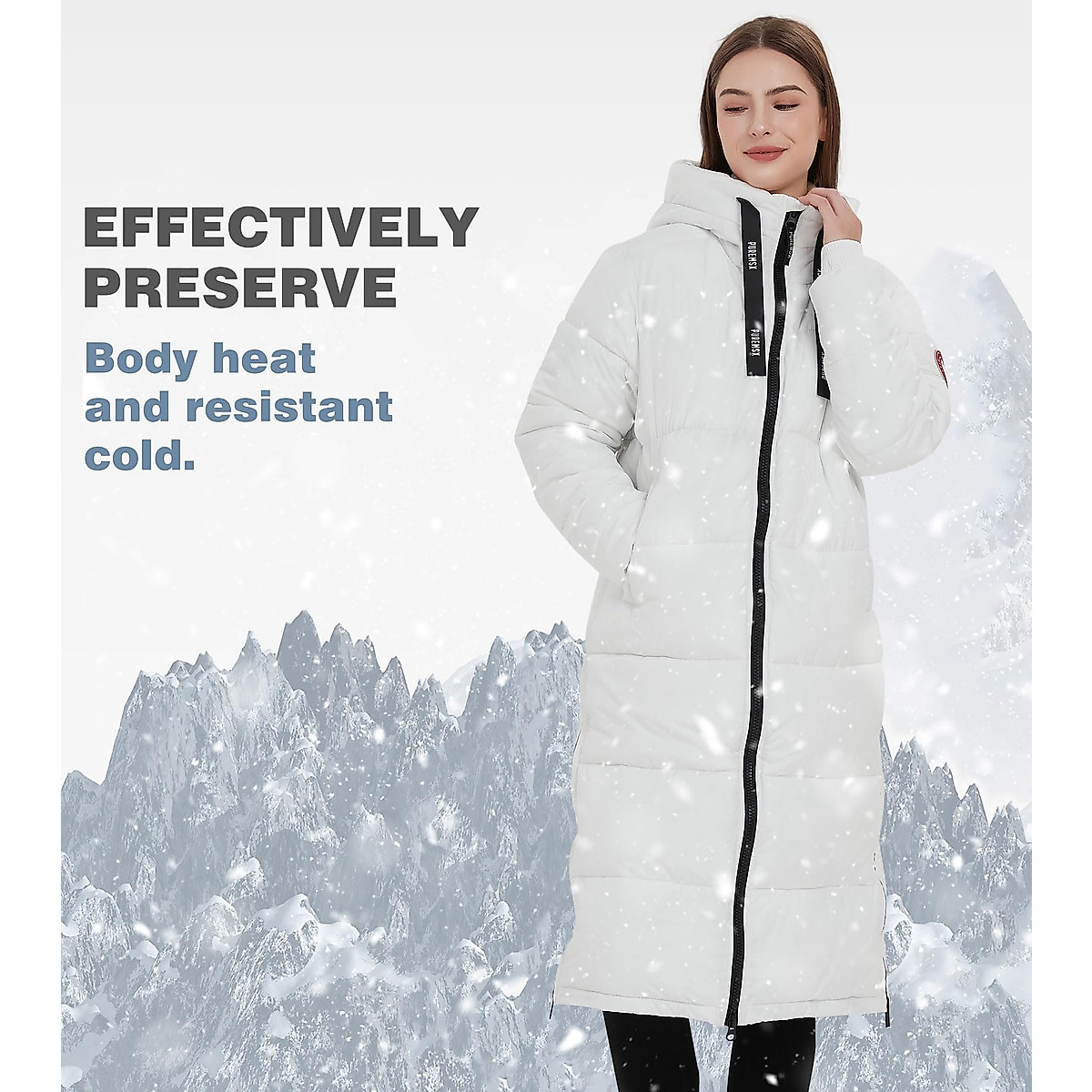 PUREMSX Winter Designer Insulated Parka, Womens Vegan Down Skiing Hiking Thick Arctic Warm Overcoat Quilted Long Jacket,White,Small