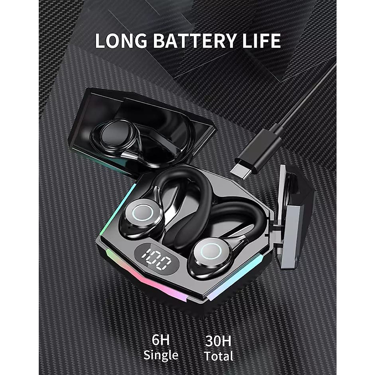 TWS 5.3 Earhook Earbuds Touch Control Waterproof Stereo Sport Gaming Headset with Mic Headphone Wireless Earphone,Black