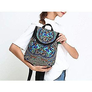 MAZEXY Handmade Embroidered Backpack for Women, Boho Shoulder Bag Vintage Ethnic Flower Cross-body Bag (Blue)